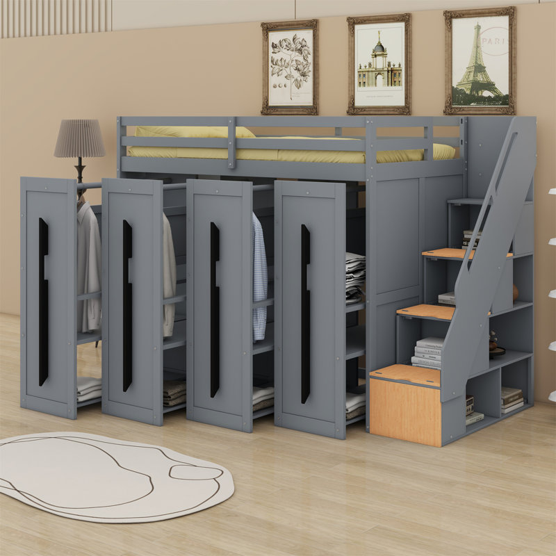 Harriet Bee Modern Loft Bed With Storage Stairs And Pull Out Wardrobes Wayfair